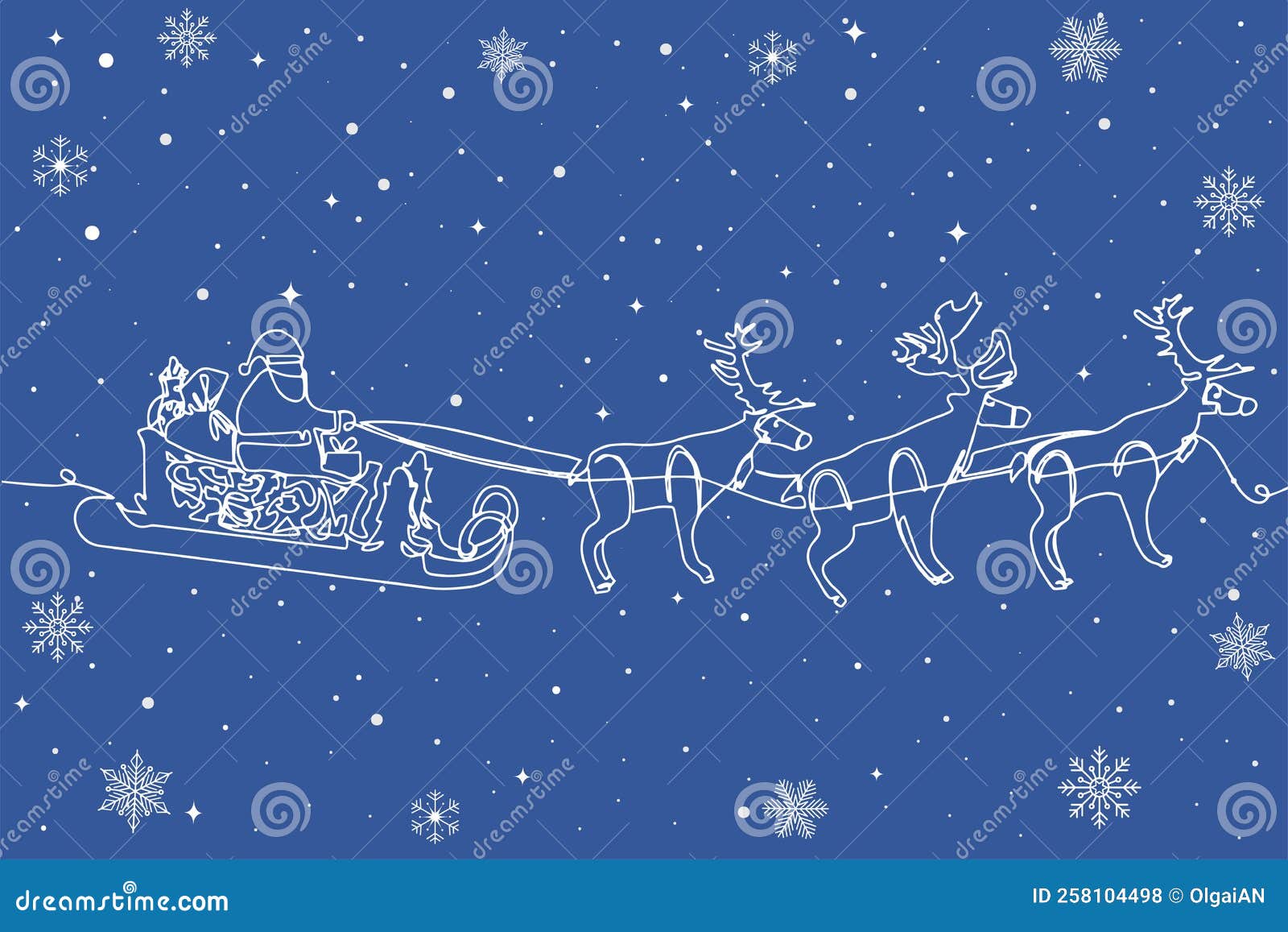 One Line Drawing Vector Cartoon Sleigh With Reindeer Santa Claus Sleigh Christmas Element