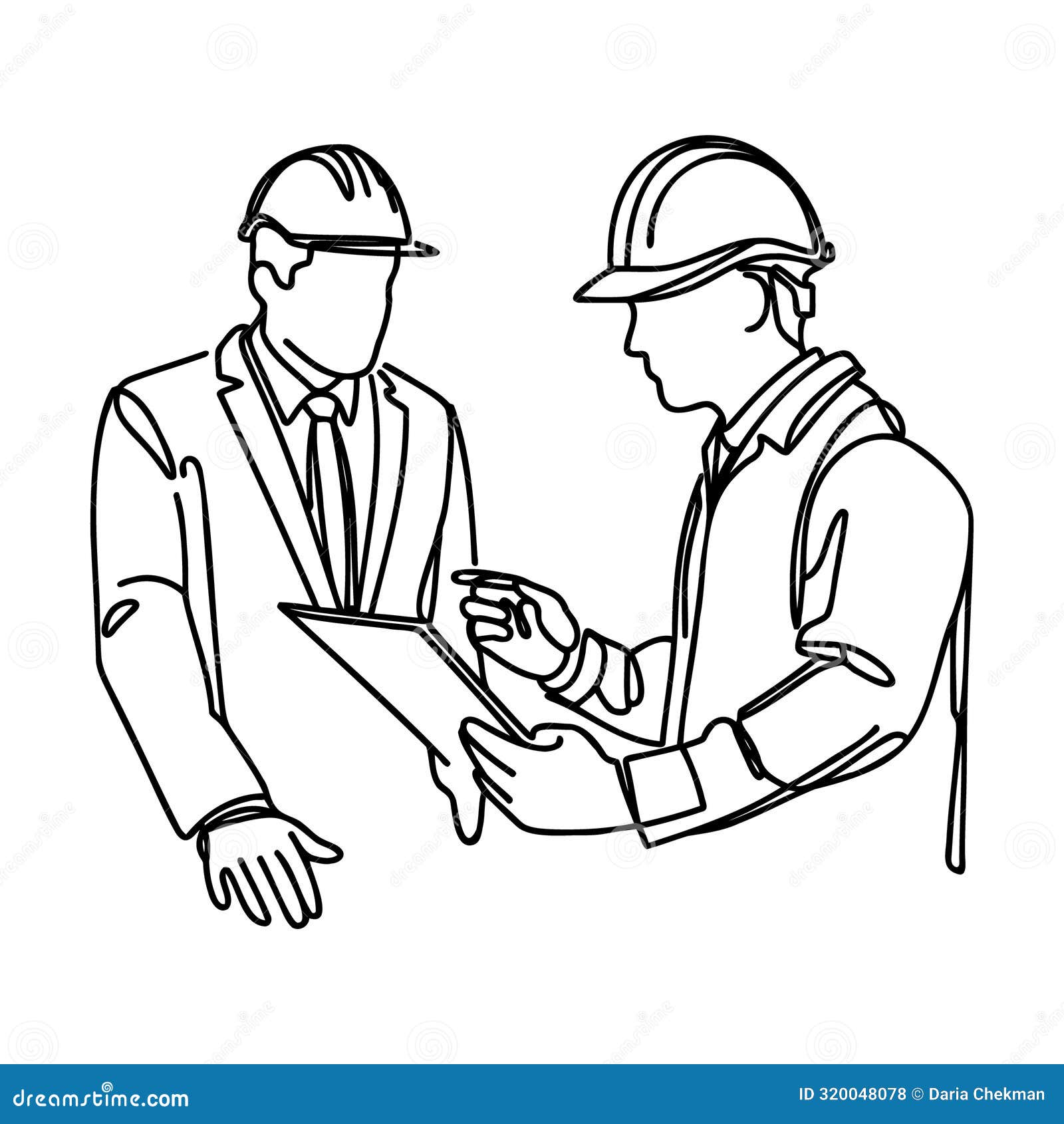 One Line Illustration of Two Male Architects, Engineers or Contractors Talking about a Project ...