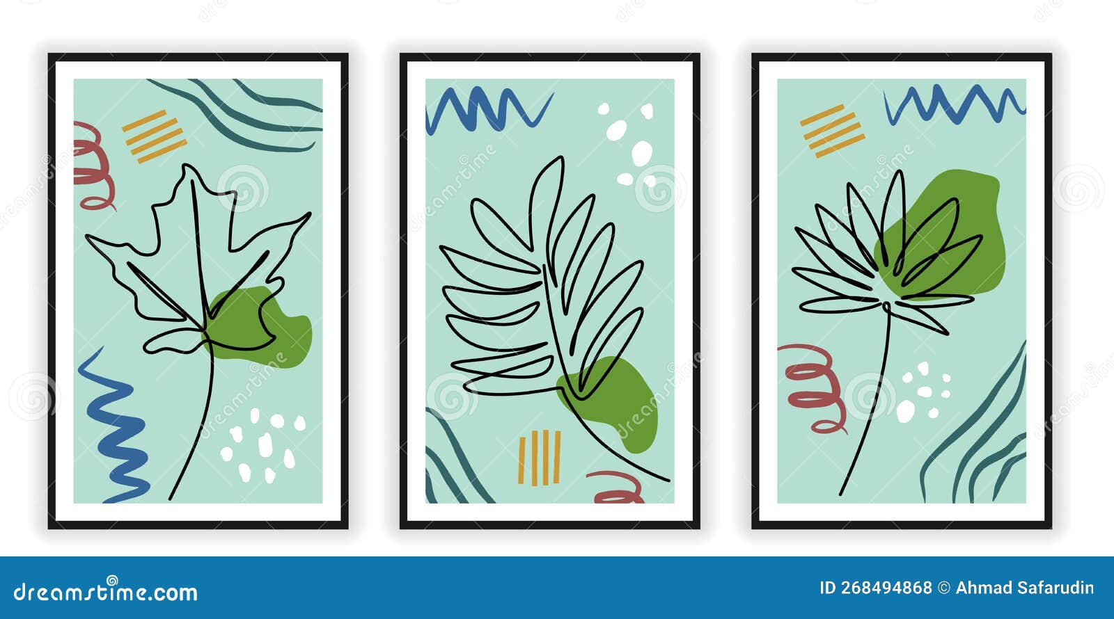 One Line of Three Abstract Floral Posters Isolated on White Background ...