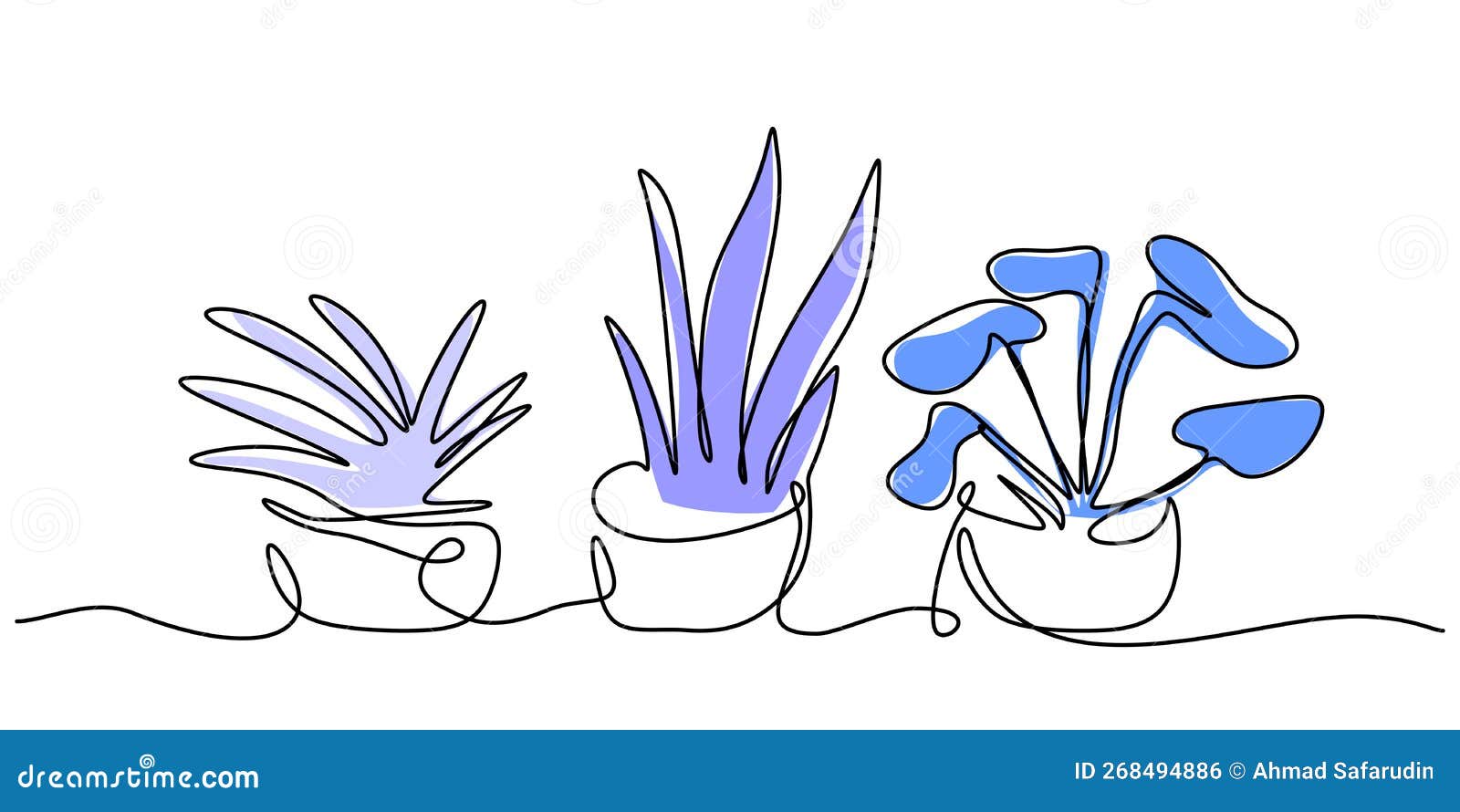 One Line of Three Blue Floral Isolated on White Background. Hand ...