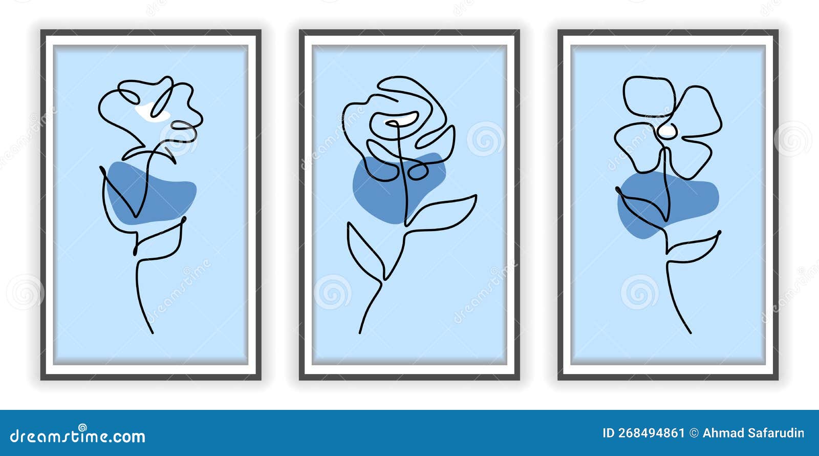 One Line of Three Floral Posters Isolated on White Background. Hand ...