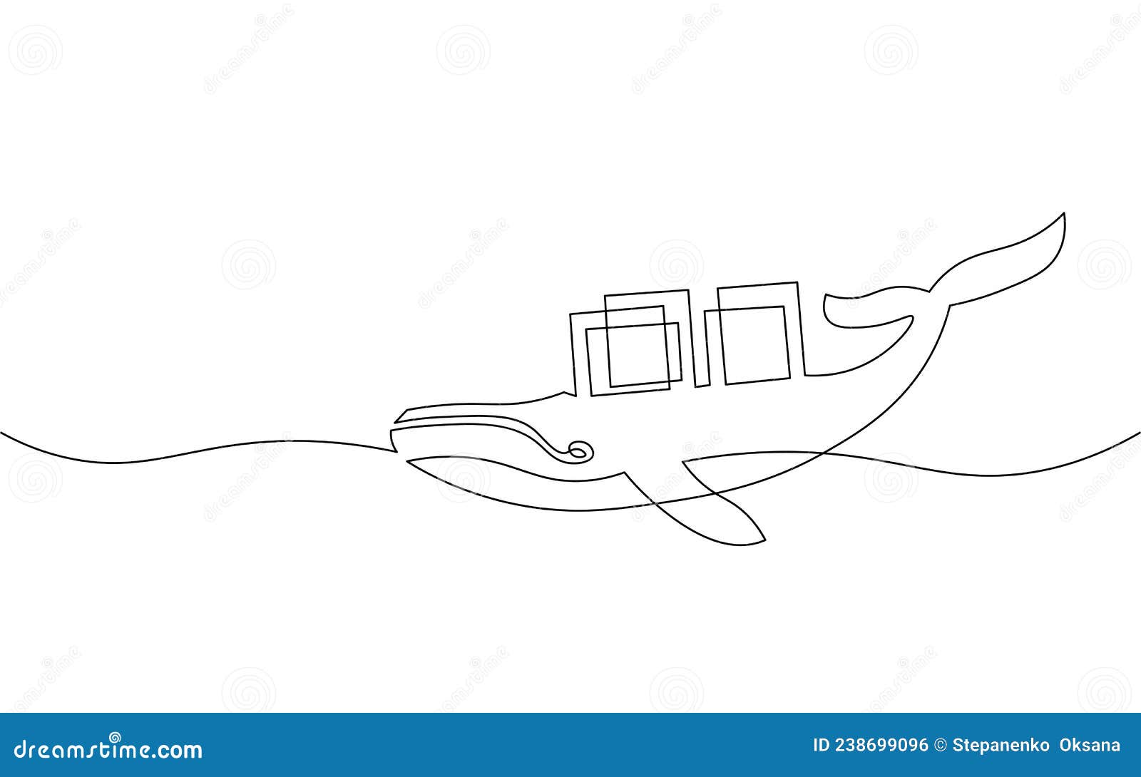 One Line Whale and Container Computer Docker Developer App Concept. Sketch Drawing Open Source ...