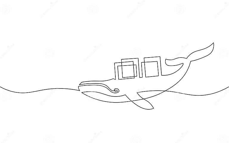 One Line Whale and Container Computer Docker Developer App Concept. Sketch Drawing Open Source ...