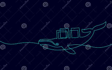 One Line Whale and Container Computer Docker Developer App Concept. Sketch Drawing Open Source ...