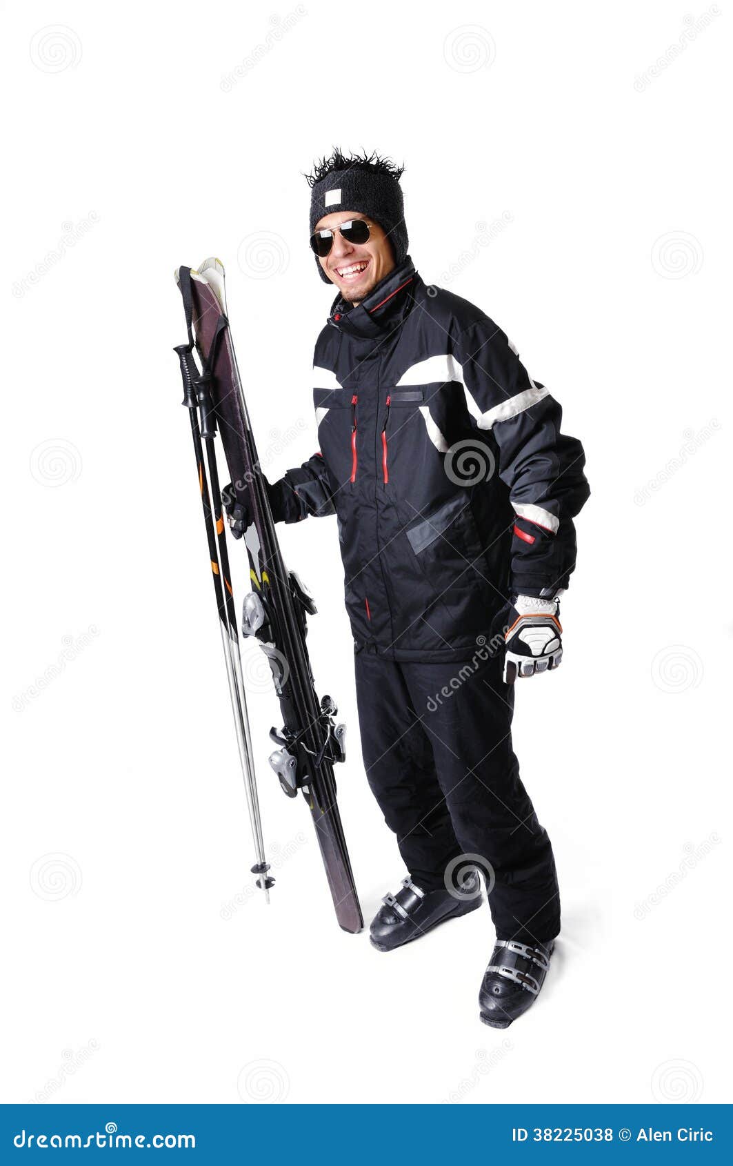 One Male Skier Posing with Full Equipment on a White Background Stock ...