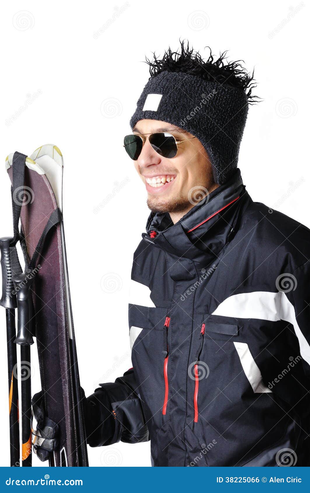 One Male Skier Posing with Full Equipment on a White Background Stock ...