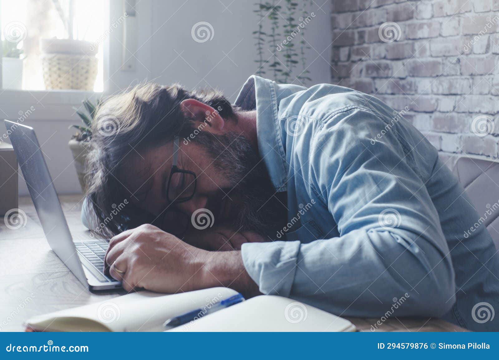 One Man Asleep on the Laptop in Home Office Workplace. Tired Overwork ...