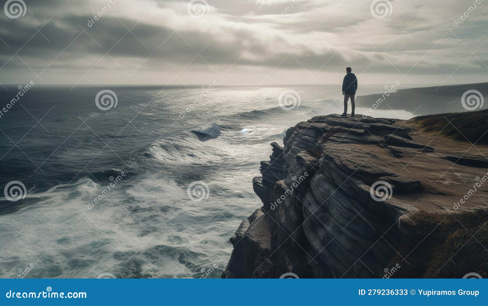 One Man Conquering Adversity, Standing on Cliff, Admiring Nature ...