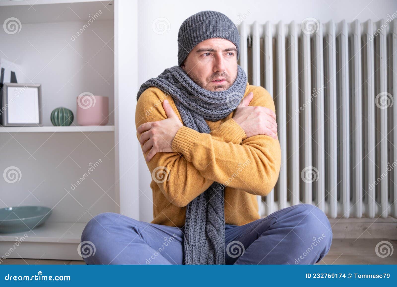One Man Feeling Cold at Home after Home Heating Trouble Stock Photo ...