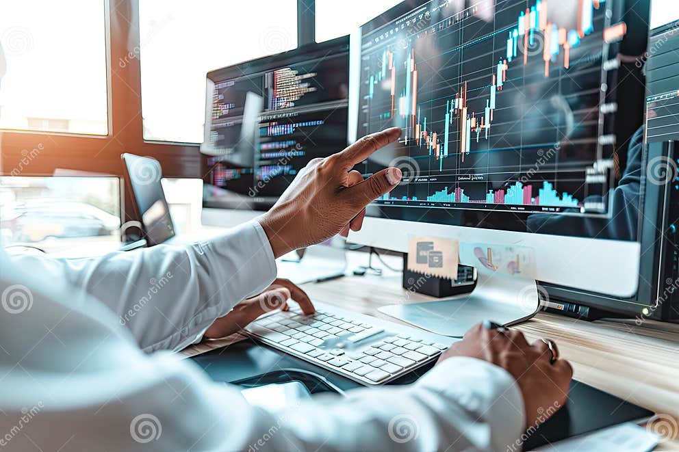 One Man Points at Computer Screen while Another Watches Stock Photo ...