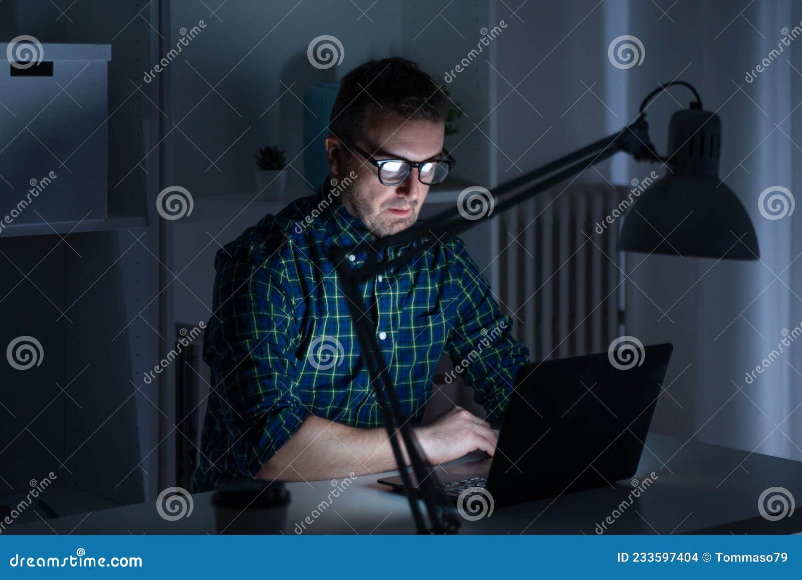 One Man Portrait Using Computer Late at Night Stock Photo - Image of ...