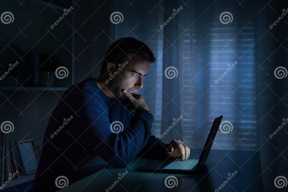 One Man Portrait Using Computer Late at Night Stock Image - Image of ...