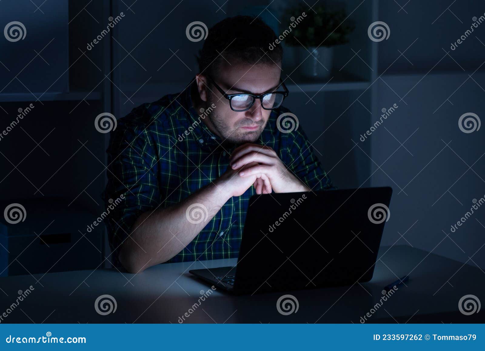 One Man Portrait Using Computer Late at Night Stock Photo - Image of ...