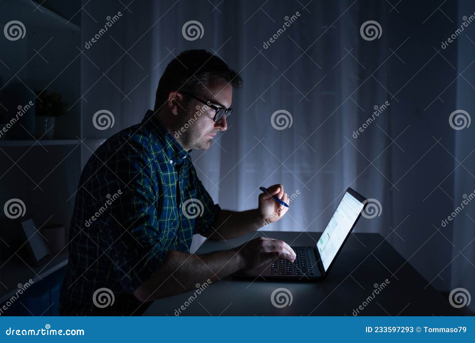 One Man Portrait Using Computer Late at Night Stock Image - Image of ...