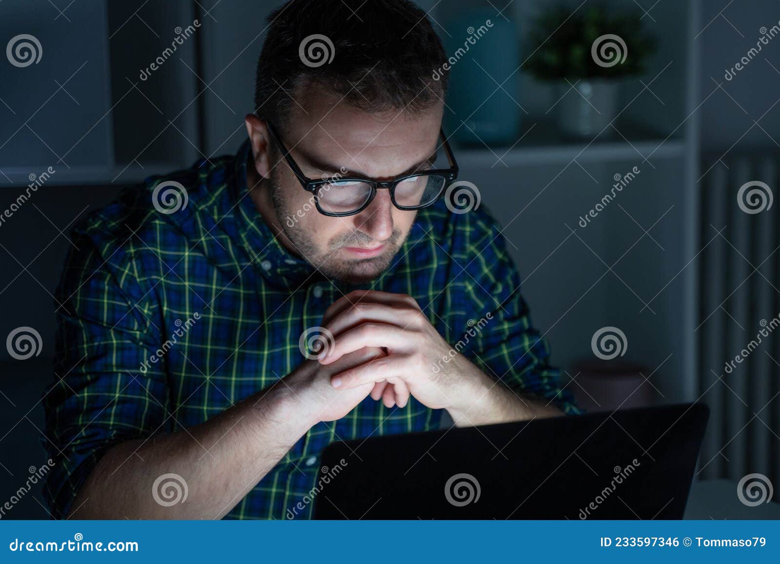 One Man Portrait Using Computer Late at Night Stock Photo - Image of ...