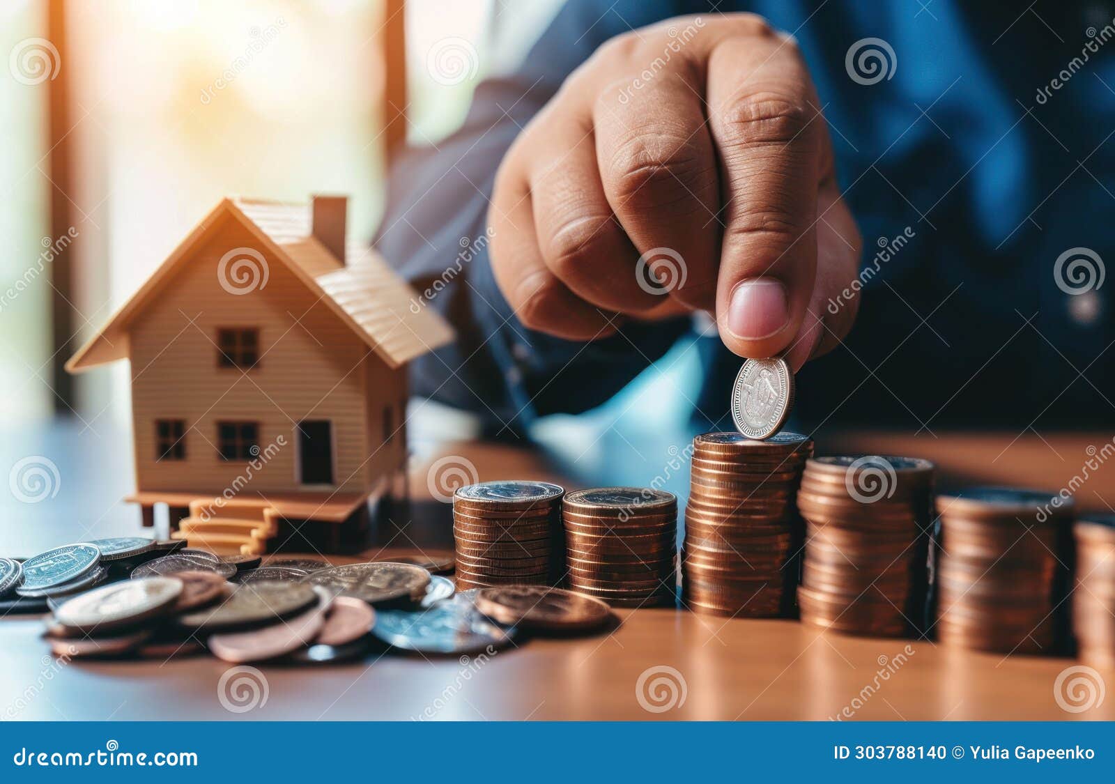 One Man Pushing Coins Towards a Model House Behind it Stock Photo ...