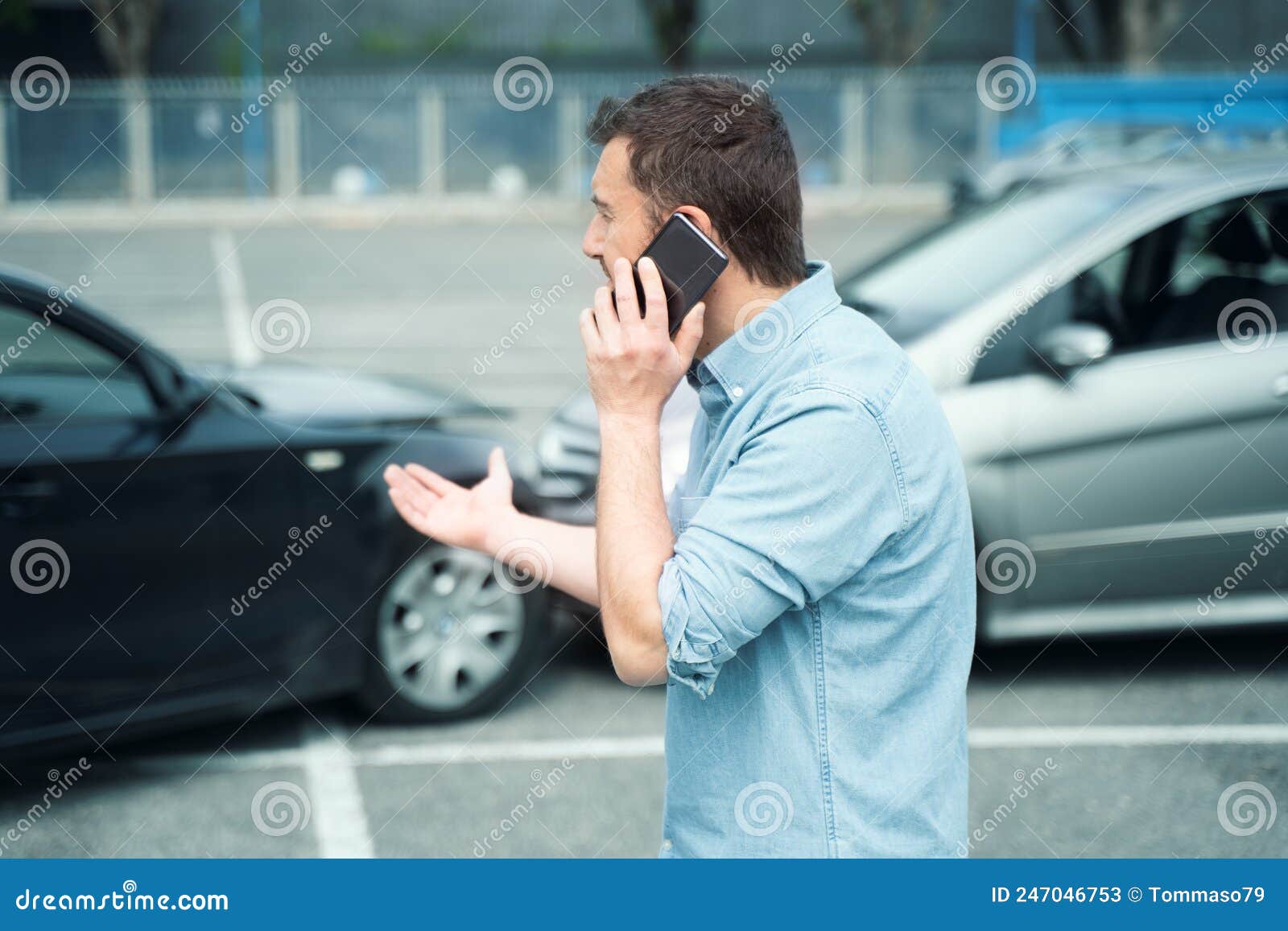 One Man Calling Insurance Roadside Assistance Reporting Car Accident ...