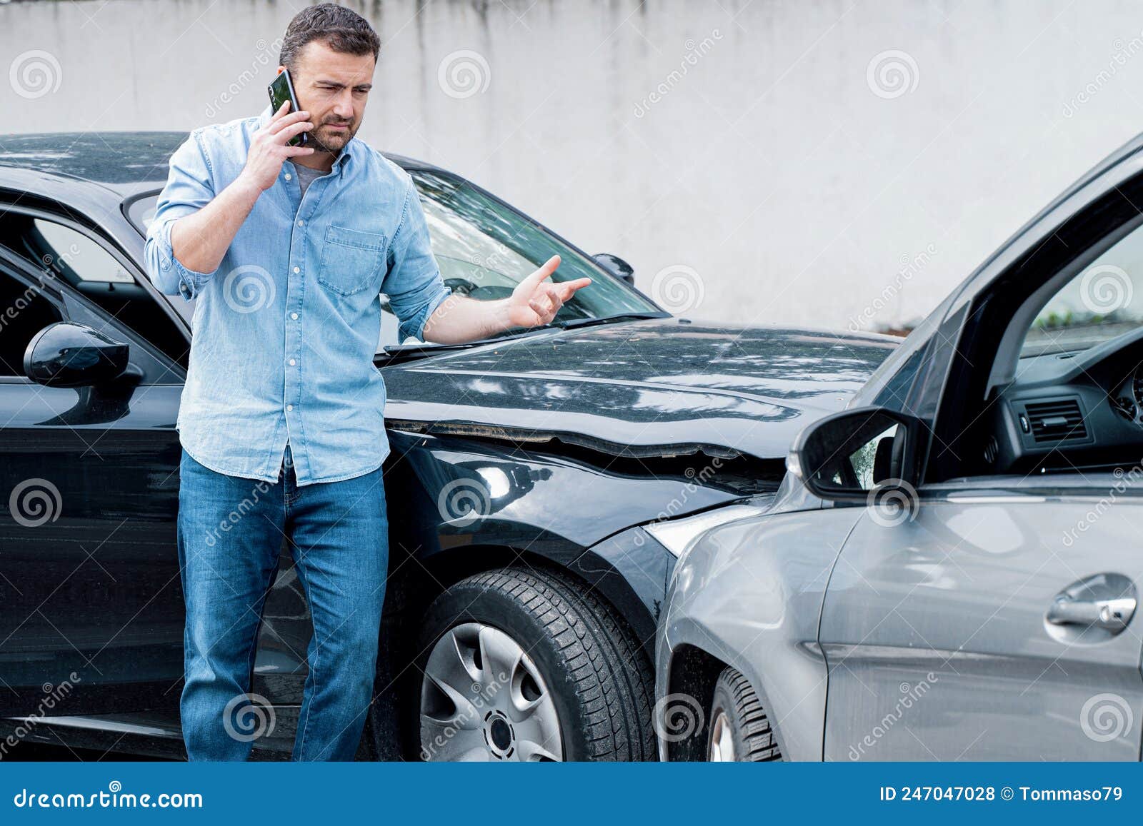 One Man Calling Insurance Roadside Assistance Reporting Car Accident ...