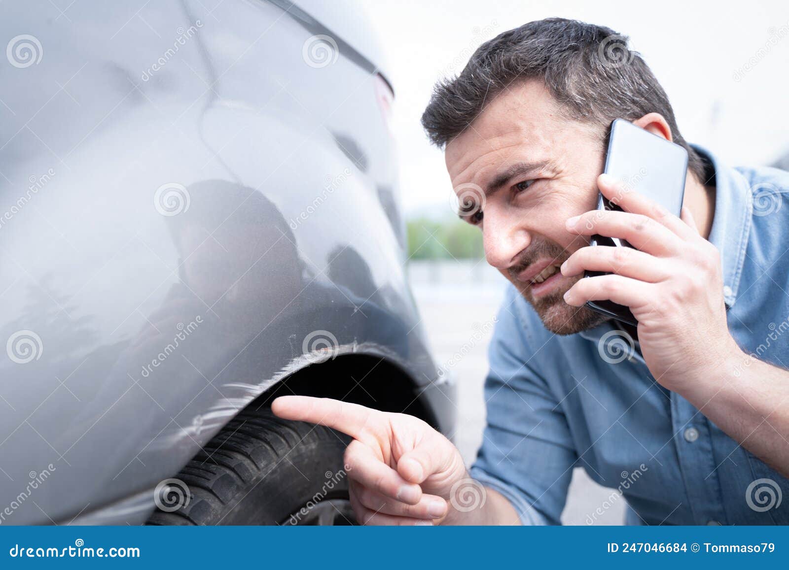 One Man Reporting Car Damage Calling Insurance Service Stock Photo ...