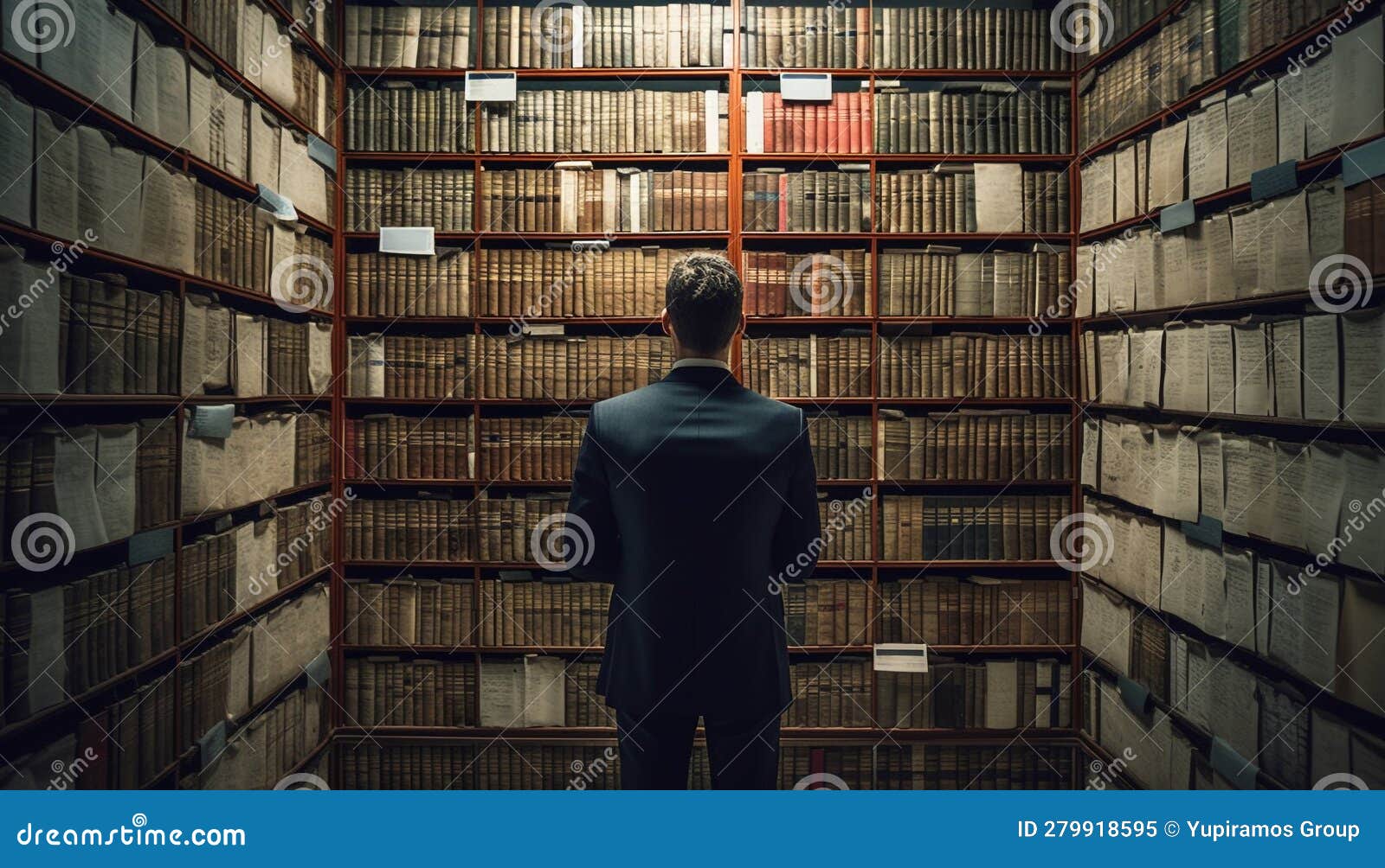 One Man Standing, Studying, Choosing Wisdom from Large Book Collection ...