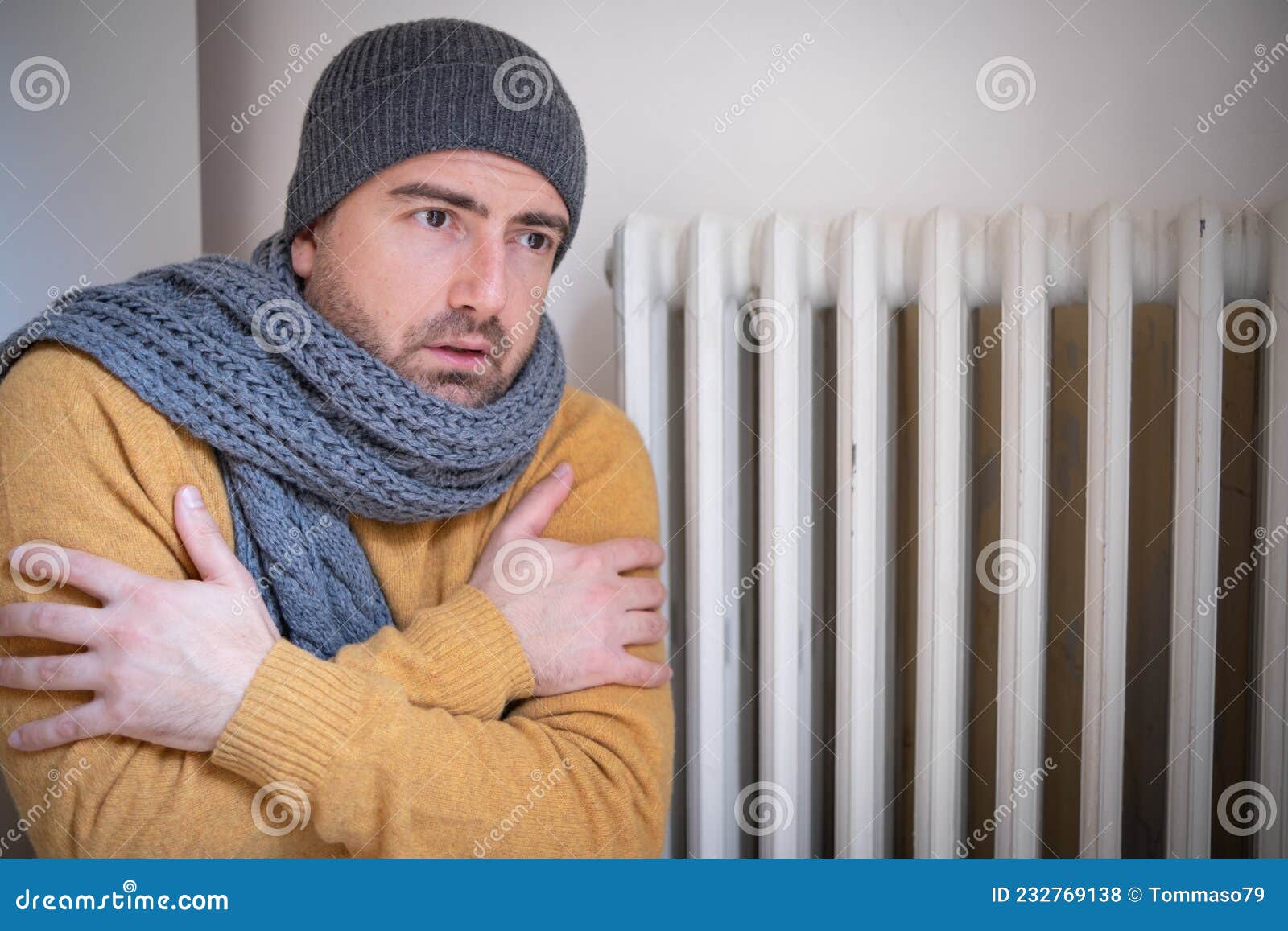 One Man Suffering Cold at Home and Problem with House Heating Stock ...