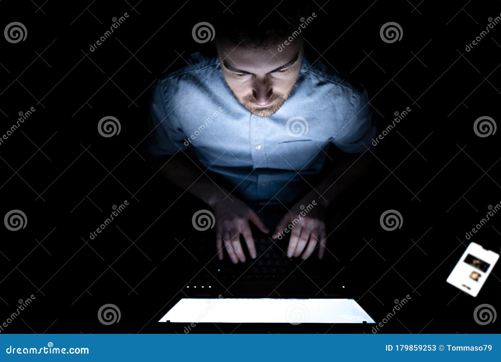 One Man Working Alone at Night Using Notebook Stock Image - Image of ...