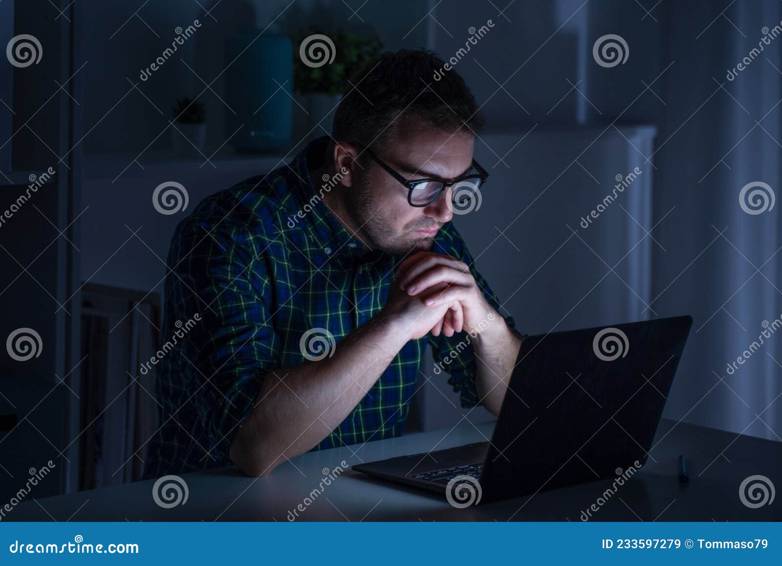 One Man Working Late at Night on Computer Stock Image - Image of ...