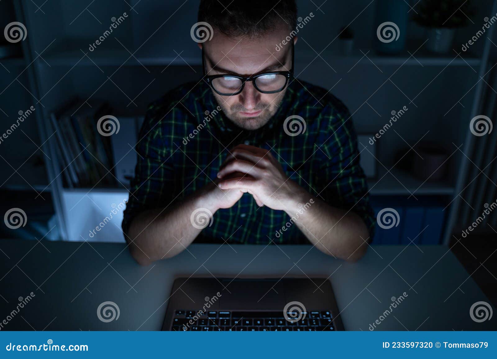 One Man Working Late at Night on Computer Stock Photo - Image of ...