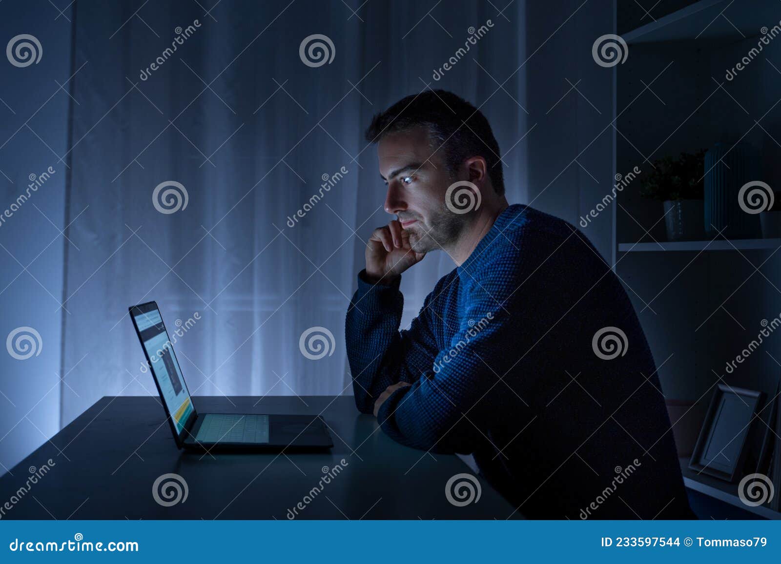 One Man Working Late at Night on Computer Stock Photo - Image of ...