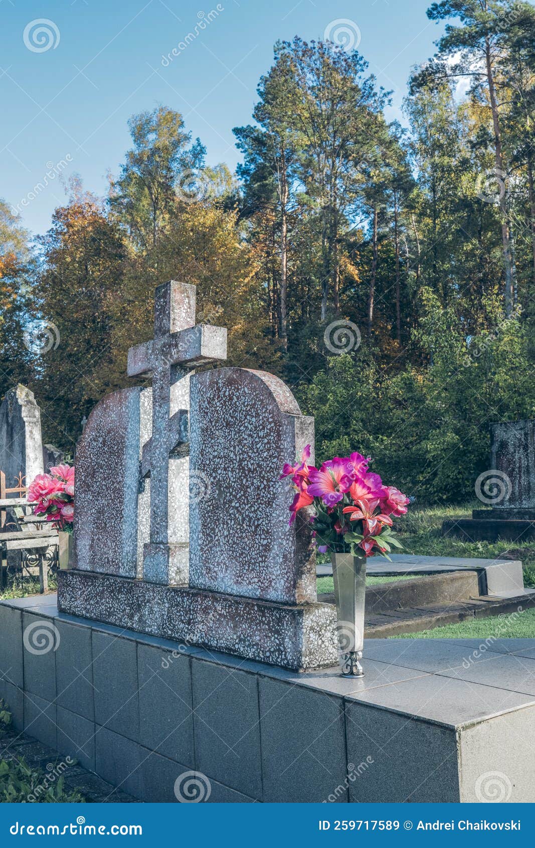 Monument on the Grave with Red Flowers Stock Image - Image of monument ...