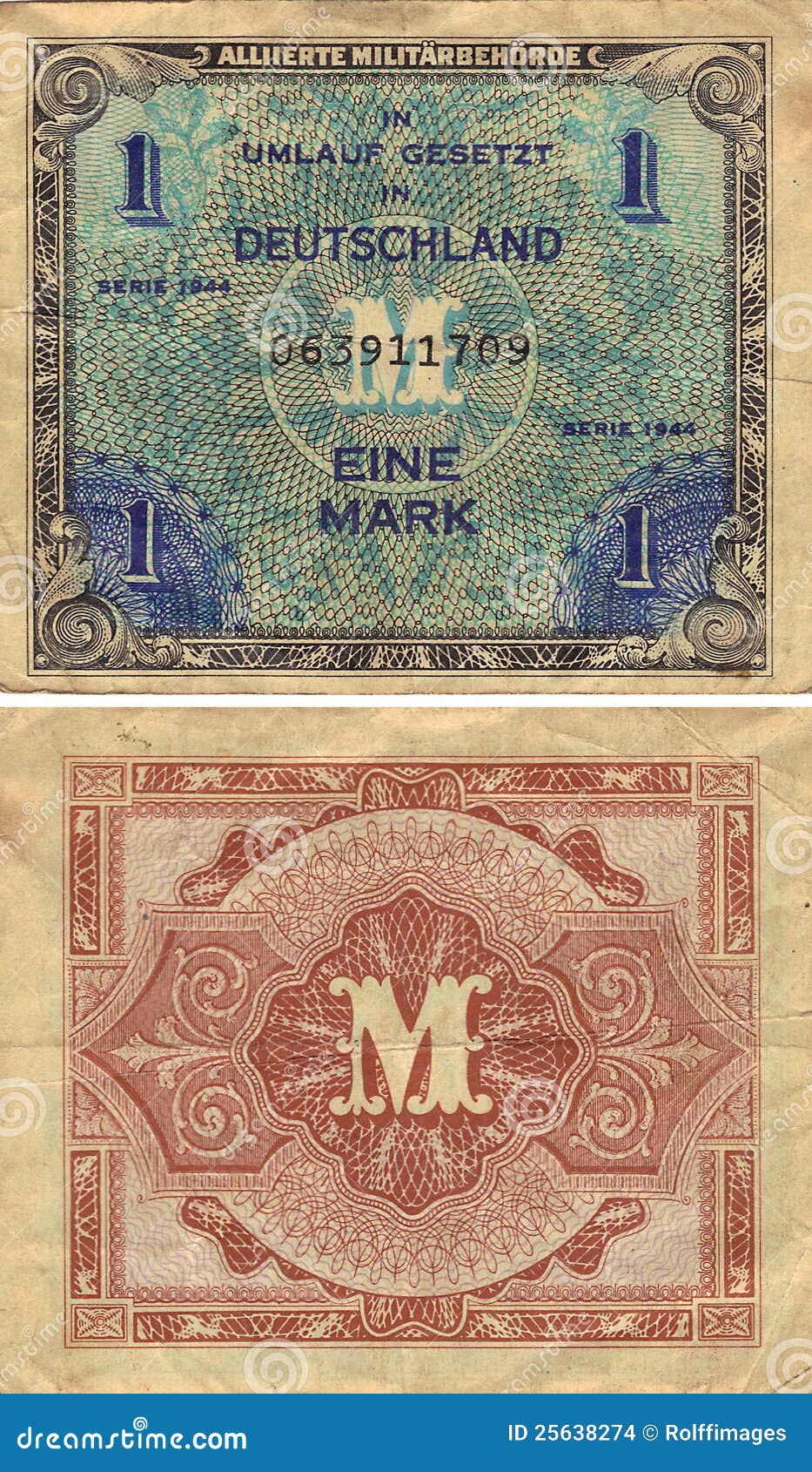 One Mark German Note 1944 stock photo. Image of world - 25638274