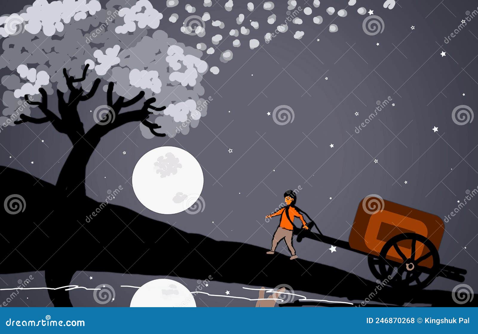 One Moon Night, a Man Pull Goods, and Moon Reflect on the Water. Stock ...