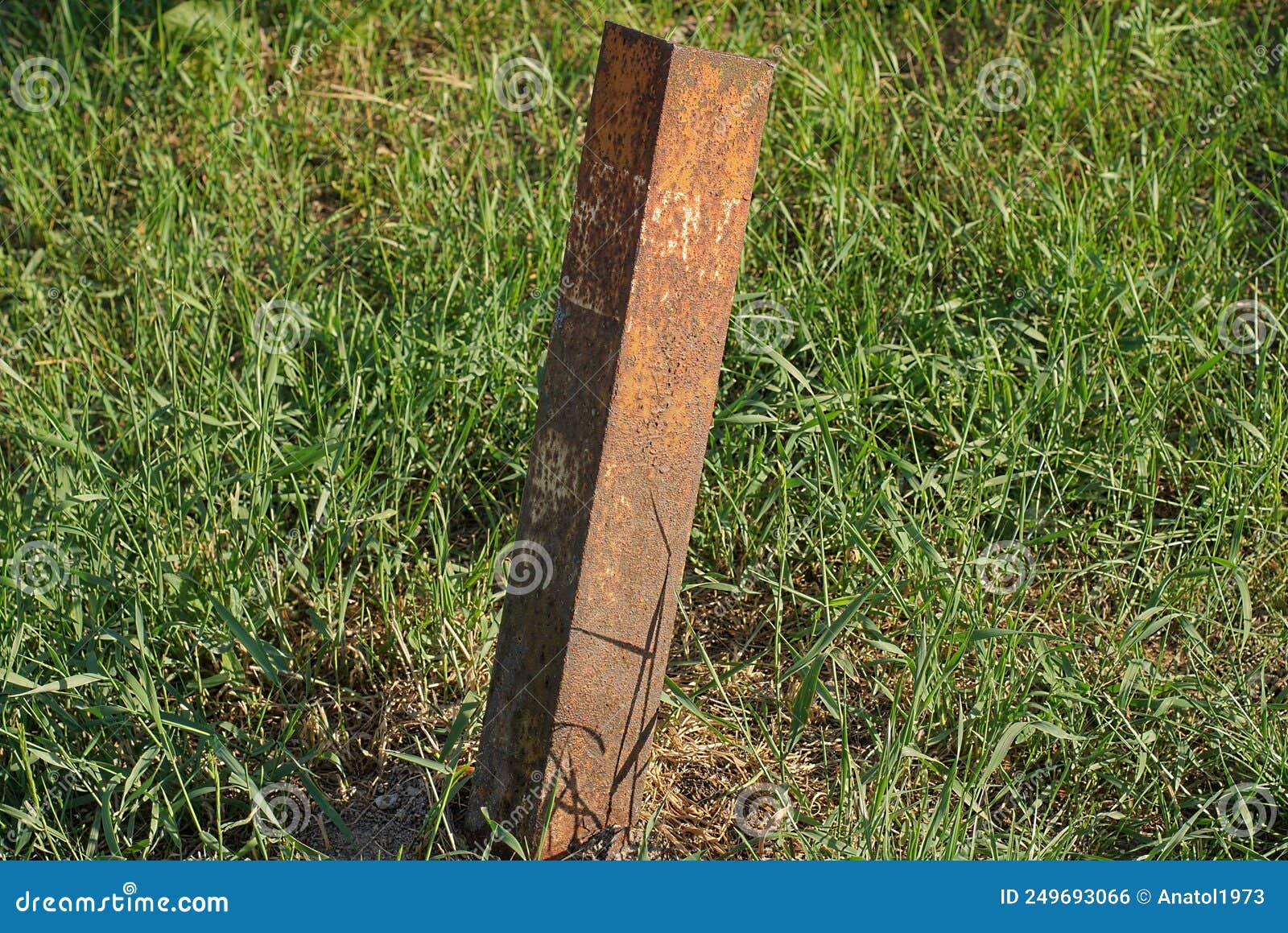 One Old Brown Rusty Iron Pole Stands in the Green Grass Stock Photo ...