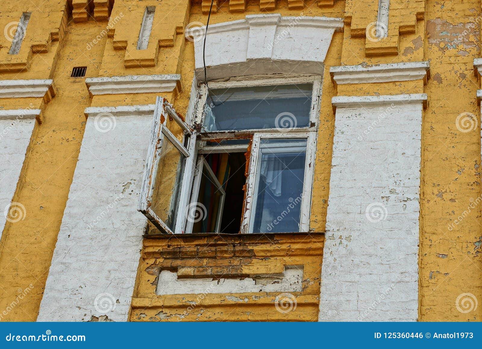 One Old Open Window on the Brick Wall of the House Stock Photo - Image ...
