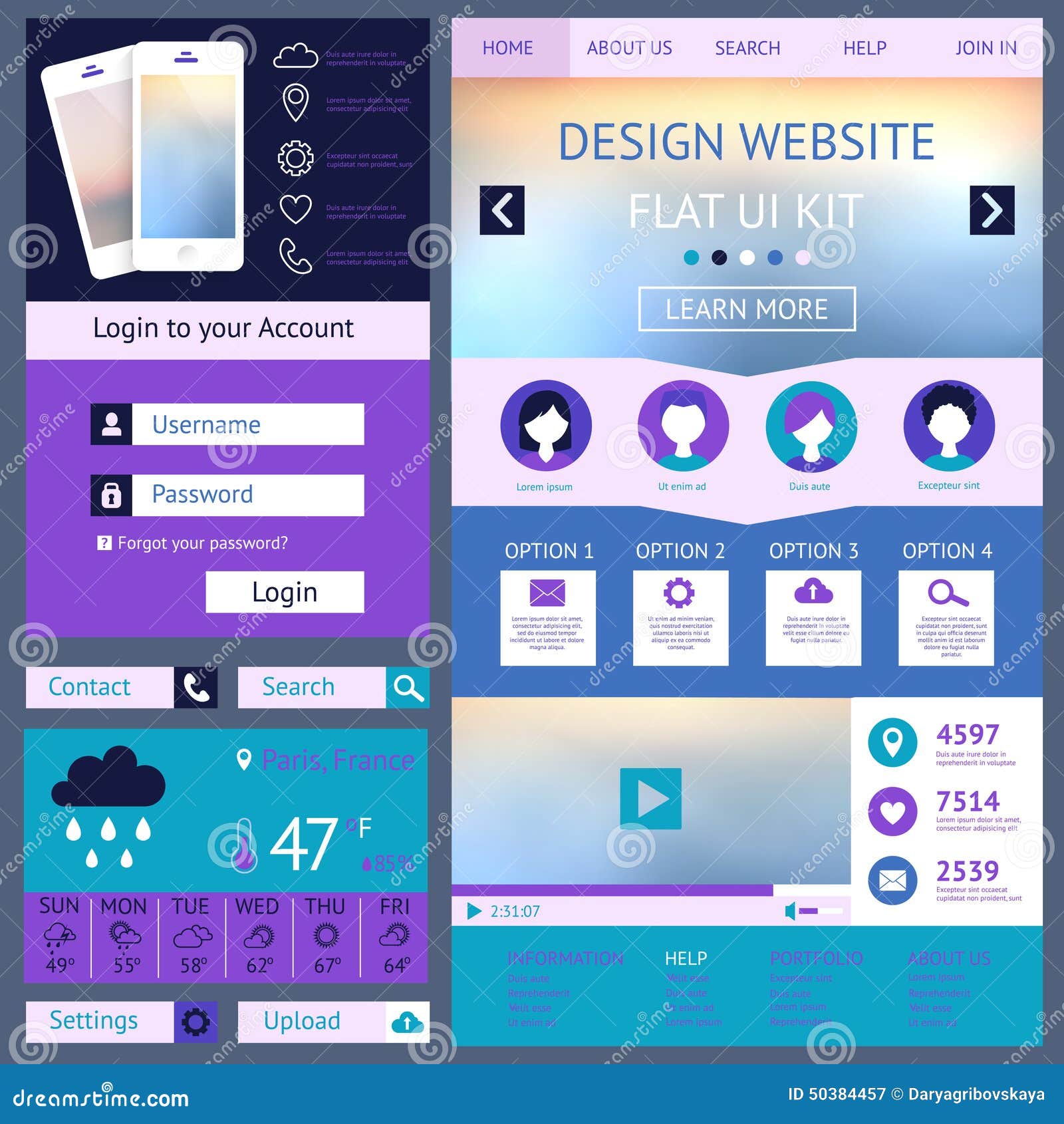 One Page Website Design Template, Flat Ui Kit Stock Vector ...