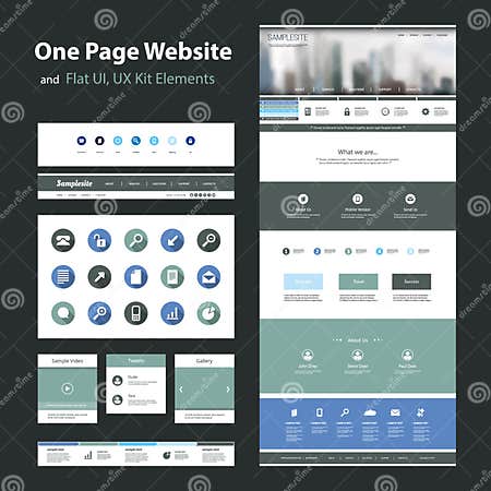 One Page Website Design Template and Flat UI, UX Elements Stock Vector ...