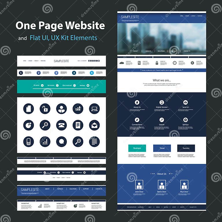 One Page Website Design Template and Flat UI, UX Elements Stock Vector ...