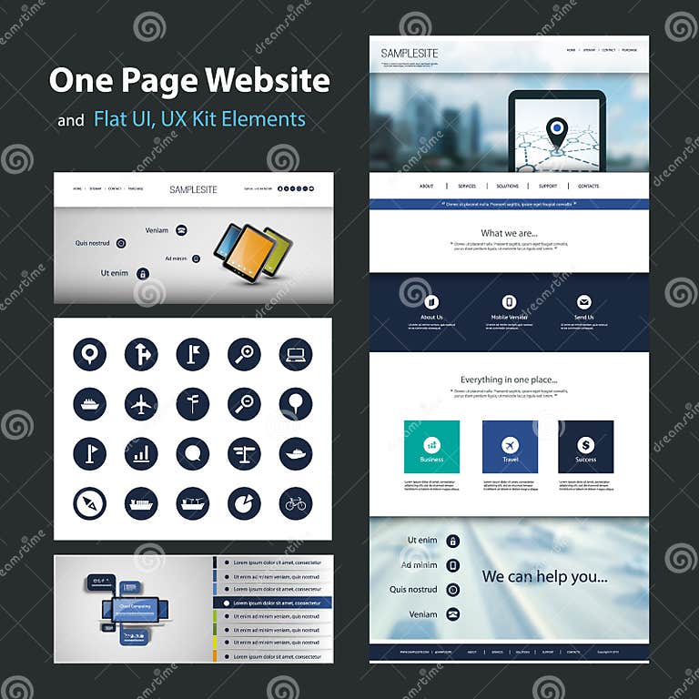 One Page Website Design Template and Flat UI, UX Elements Stock Vector ...