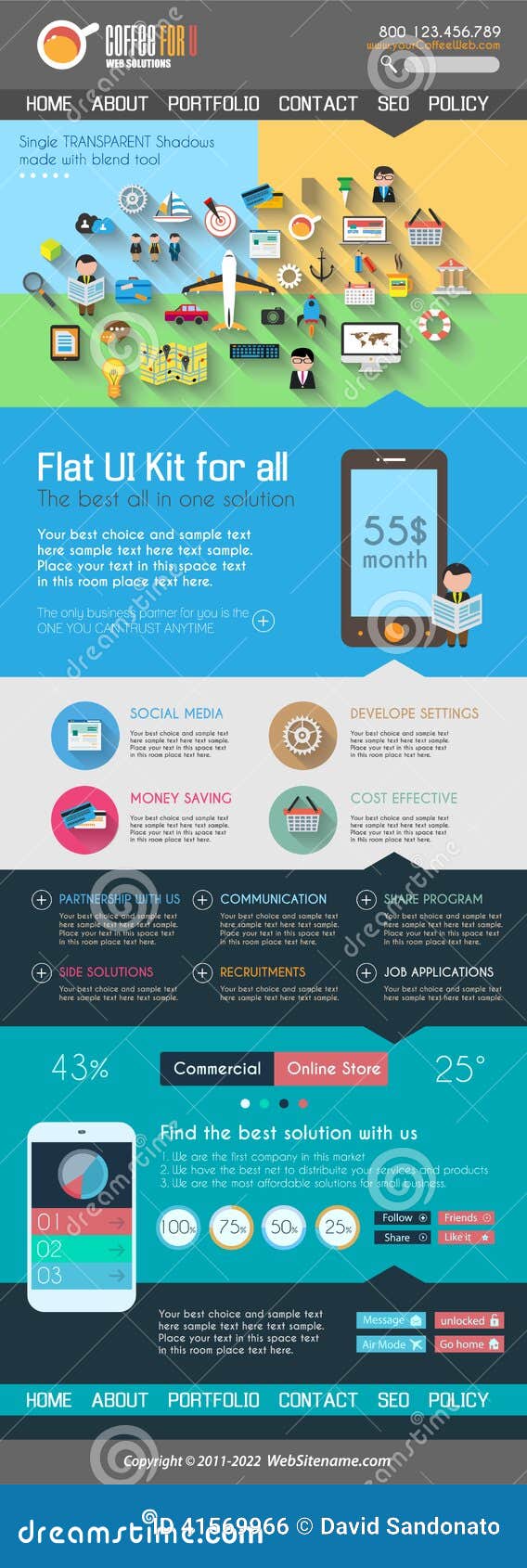 One Page Website Flat UI Design Template. Stock Vector - Illustration ...