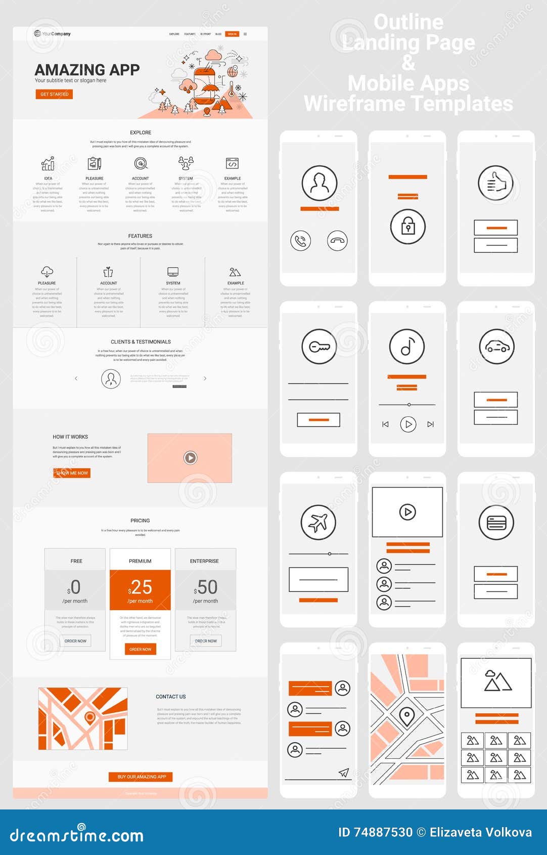 One Page Website and Mobile Apps Wireframe Kit Stock Vector ...