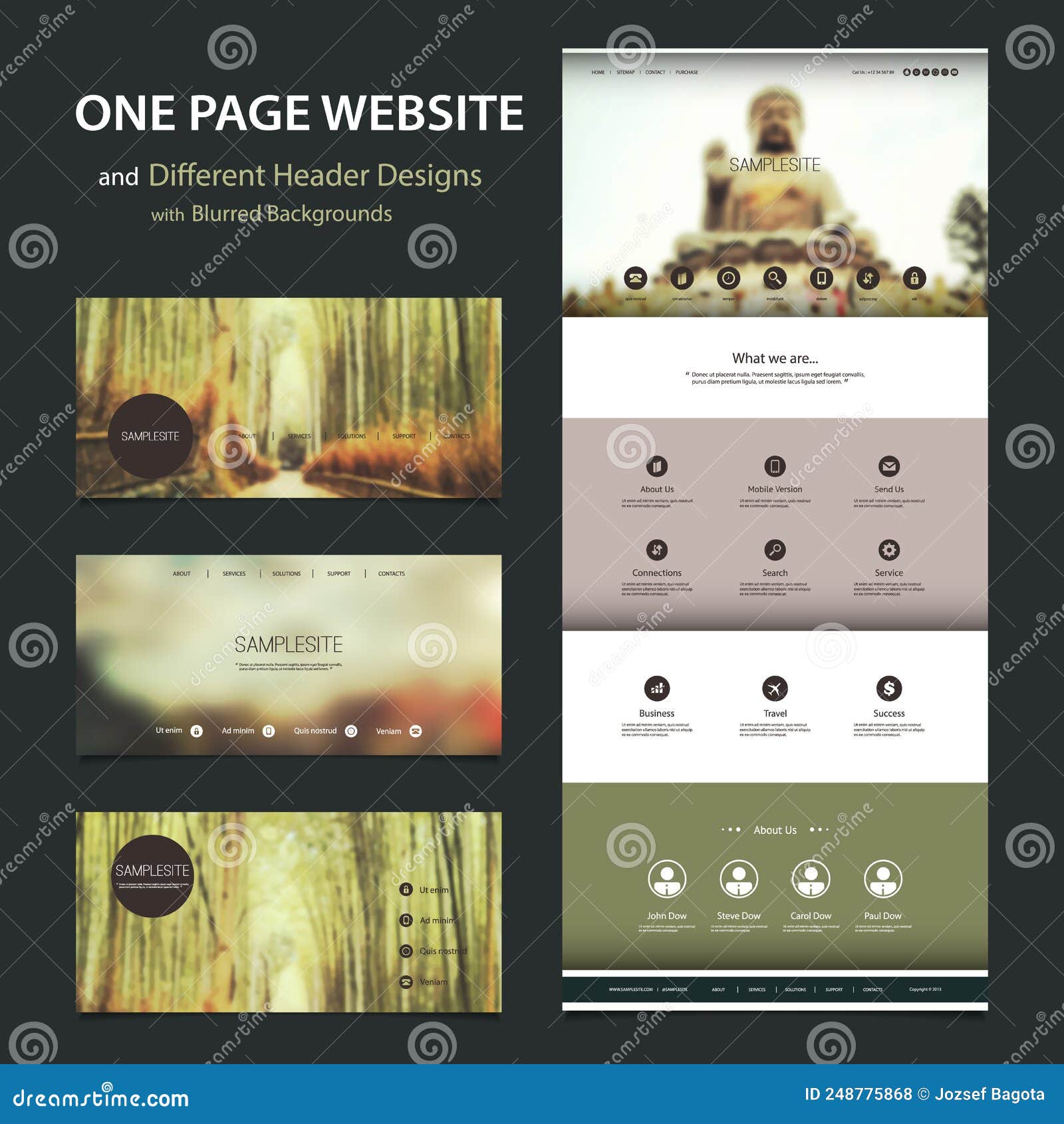One Page Website Template and Different Header Designs with Blurred ...