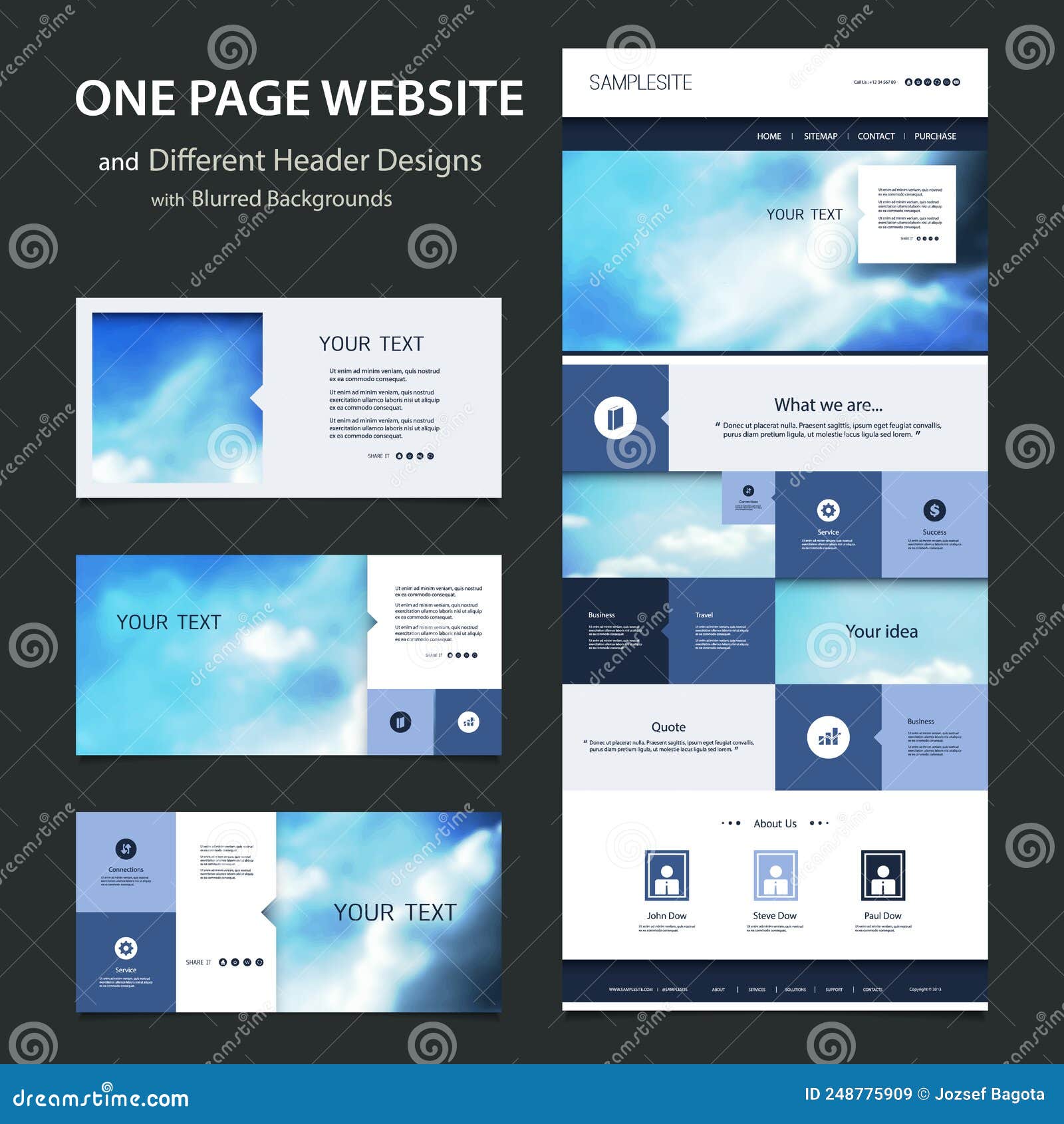 One Page Website Template and Different Header Designs with Blurred ...