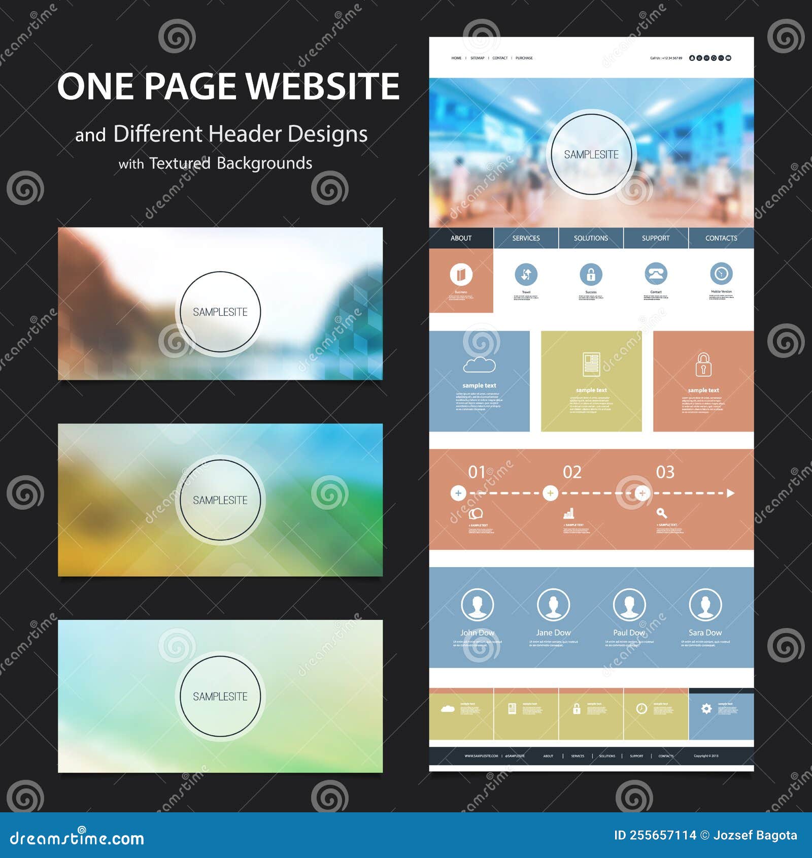 One Page Website Template and Different Header Designs with Blurred ...