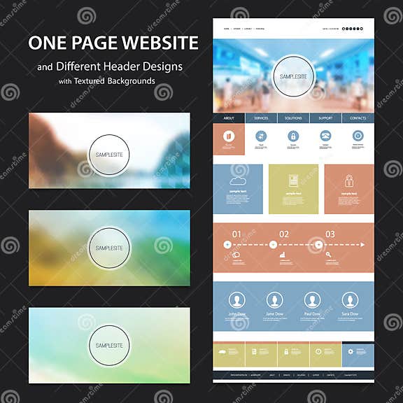 One Page Website Template and Different Header Designs with Blurred ...