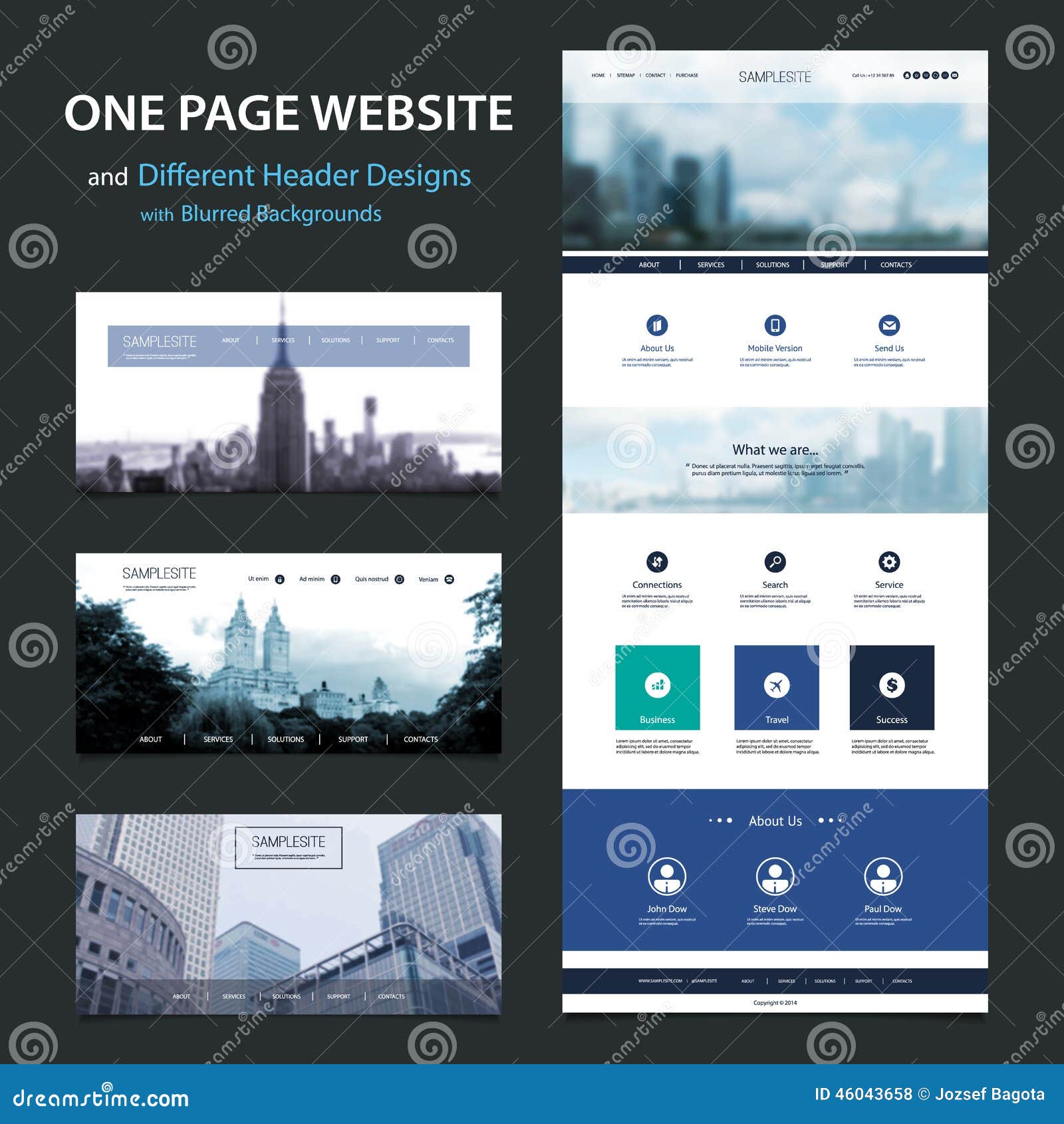 One Page Website Template And Different Header Designs With Blurred ...