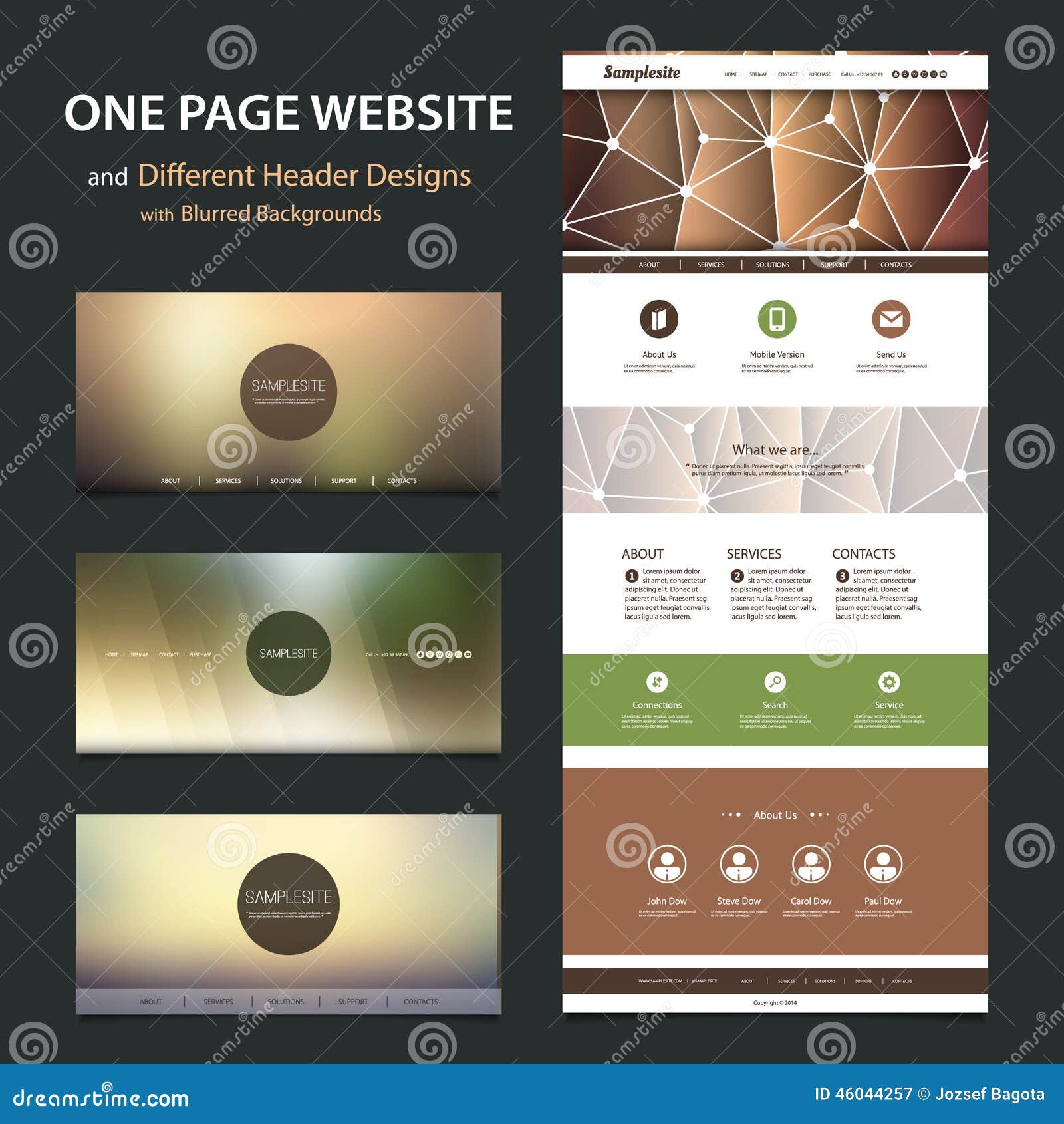 One Page Website Template and Different Header Designs with Blurred ...