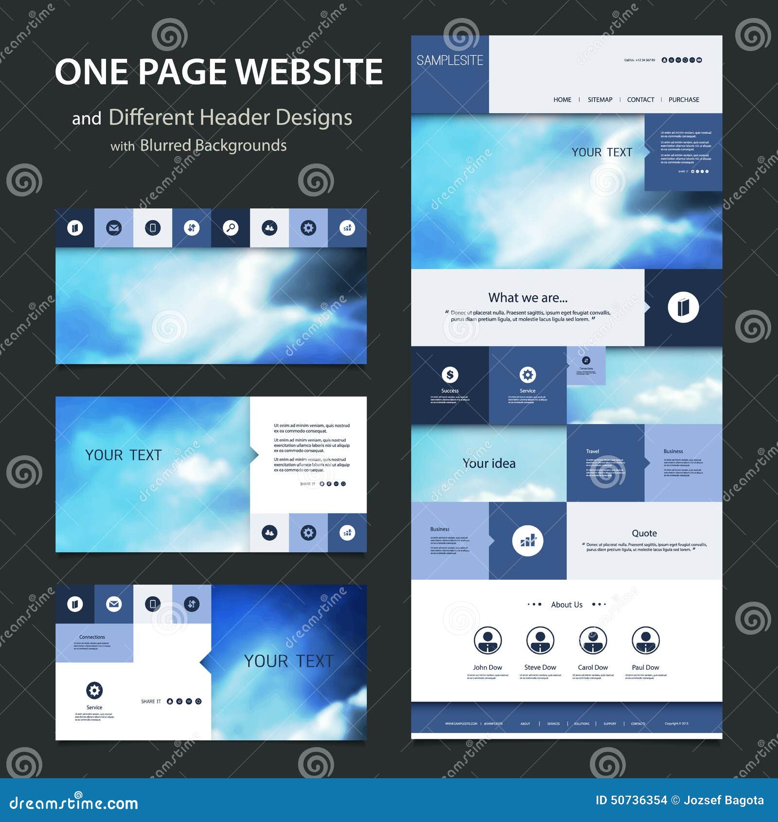 One Page Website Template and Different Header Designs with Blurred ...