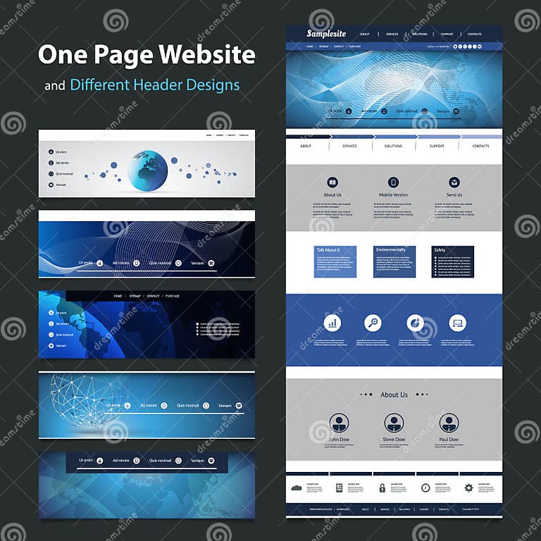 One Page Website Template and Different Header Designs Stock Vector ...