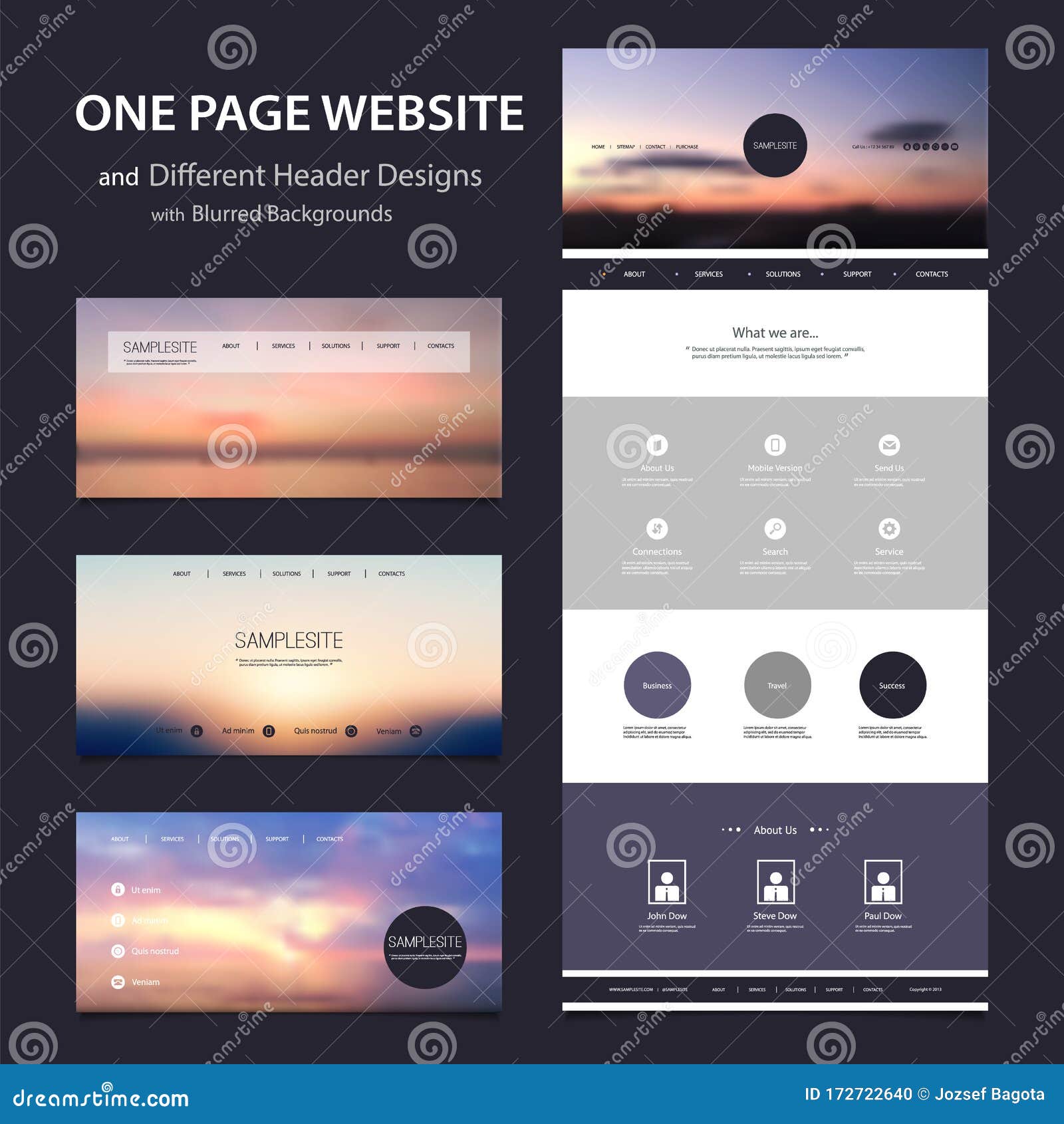 One Page Website Template and Various Header Designs with Blurred ...