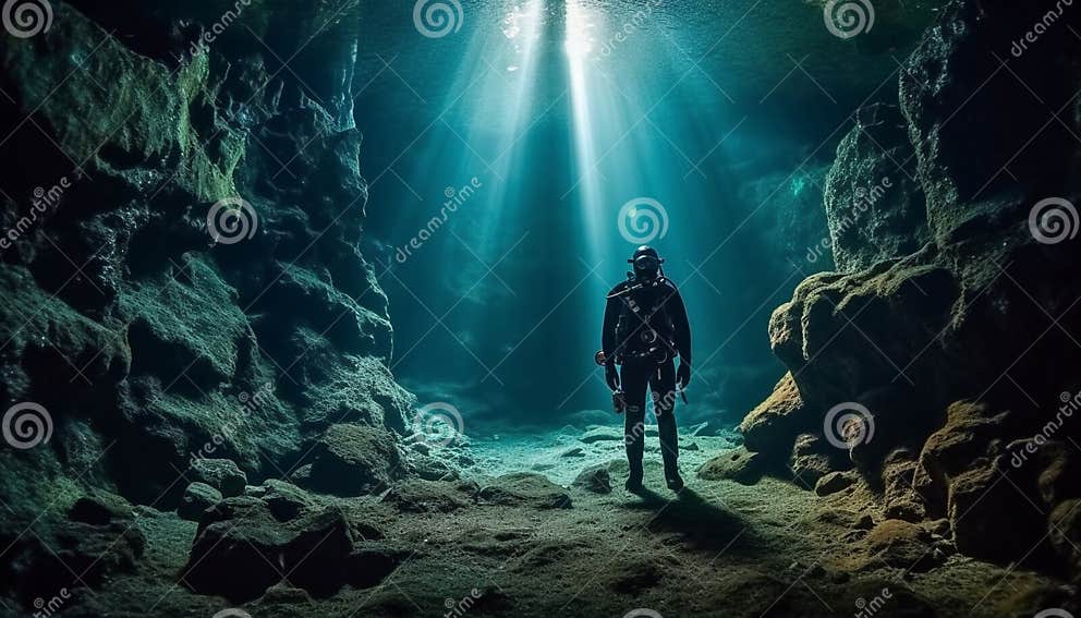 One Person Diving into Deep Blue Water, Exploring Underwater Generated ...